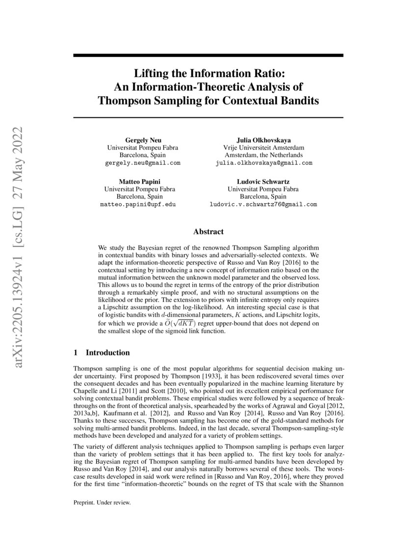Lifting the Information Ratio: An Information-Theoretic Analysis of Thompson Sampling for ...
