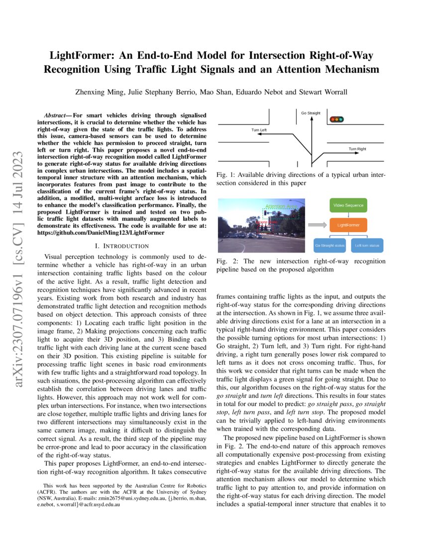 LightFormer: An End-to-End Model for Intersection Right-of-Way Recognition Using Traffic Light ...