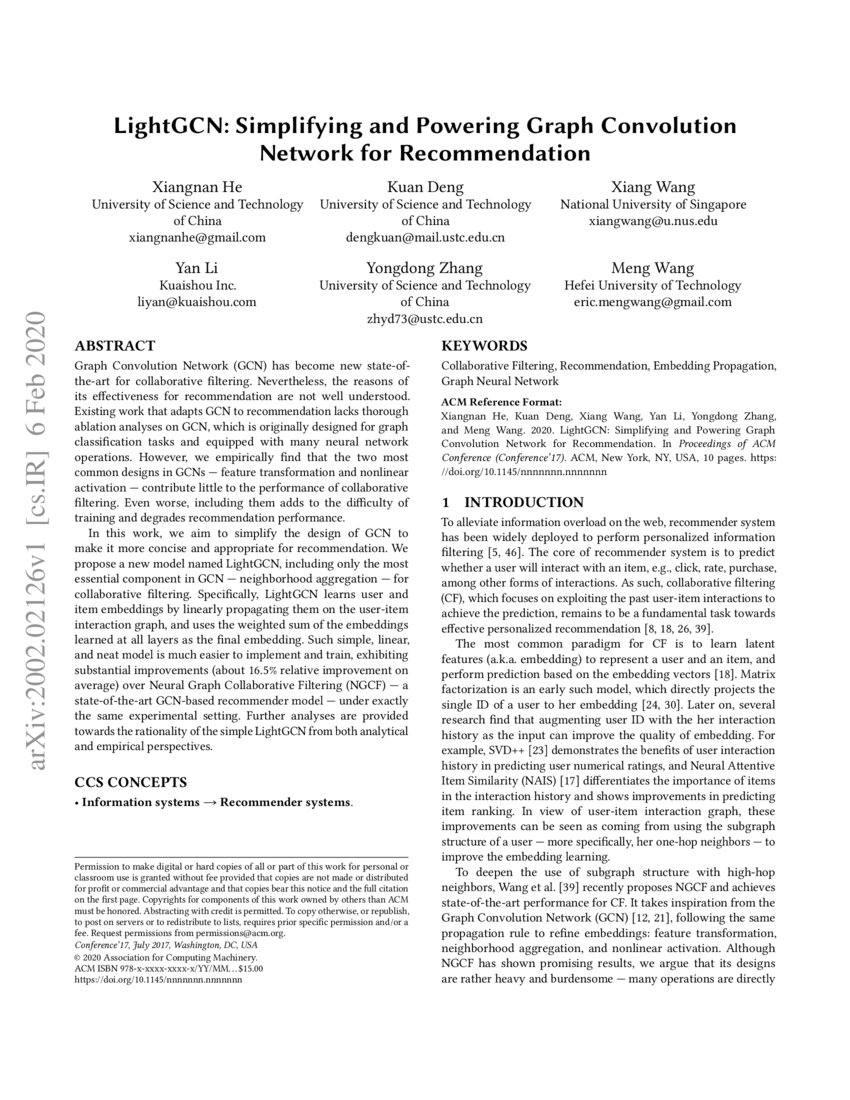 LightGCN: Simplifying and Powering Graph Convolution Network for Recommendation | DeepAI