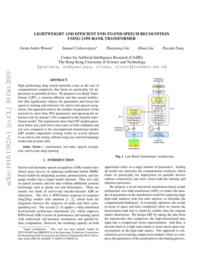 Lightweight and Efficient End-to-End Speech Recognition Using Low-Rank Transformer | DeepAI