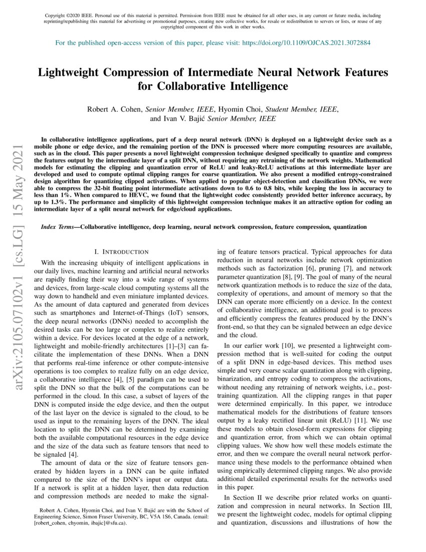 Lightweight Compression of Intermediate Neural Network Features for Collaborative Intelligence ...