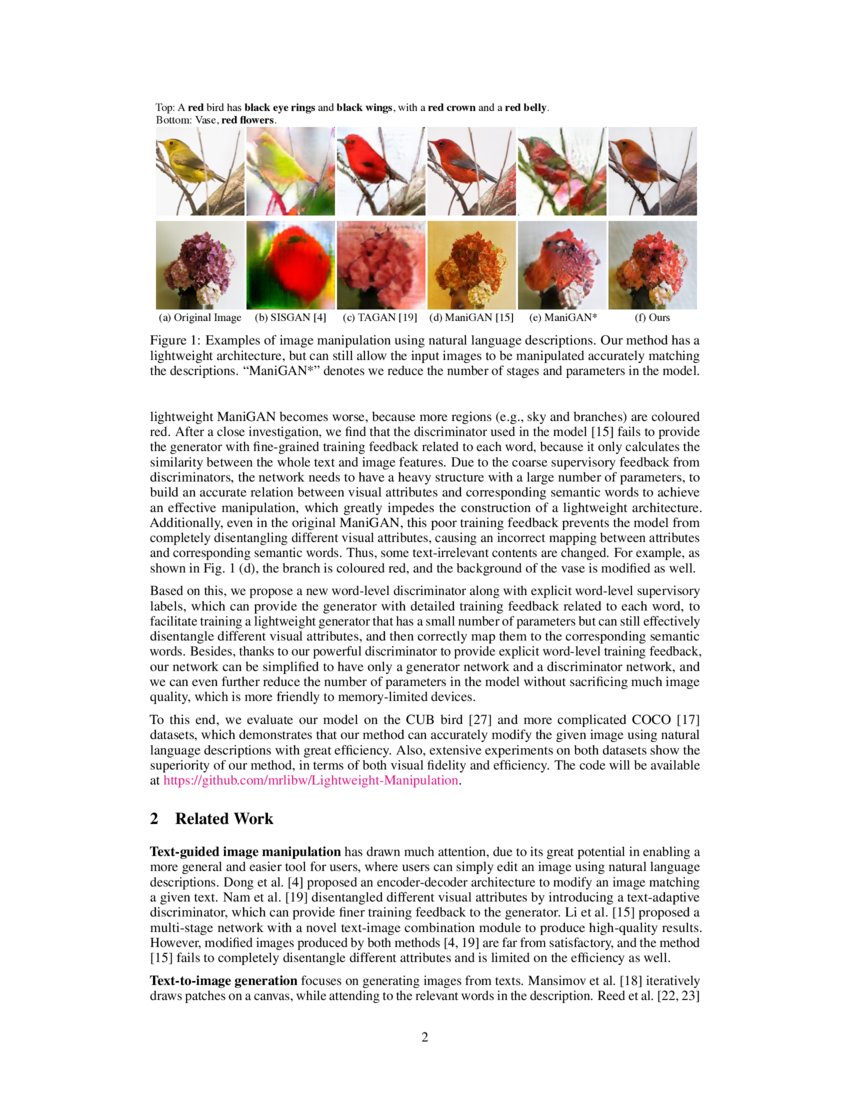 Lightweight Generative Adversarial Networks for Text-Guided Image Manipulation | DeepAI