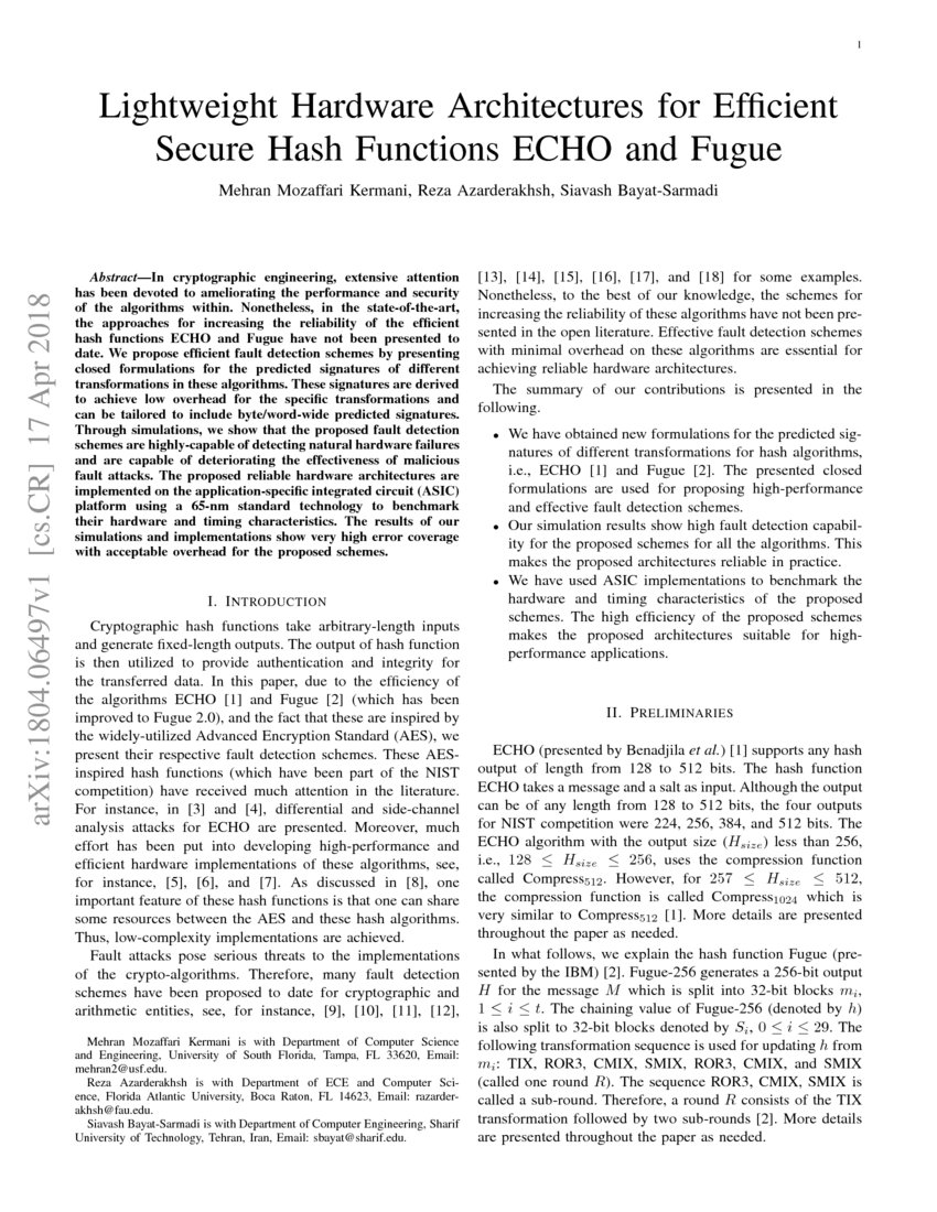 Lightweight Hardware Architectures for Efficient Secure Hash Functions ... Lightweight Hardware Architectures for Efficient Secure Hash Functions ...