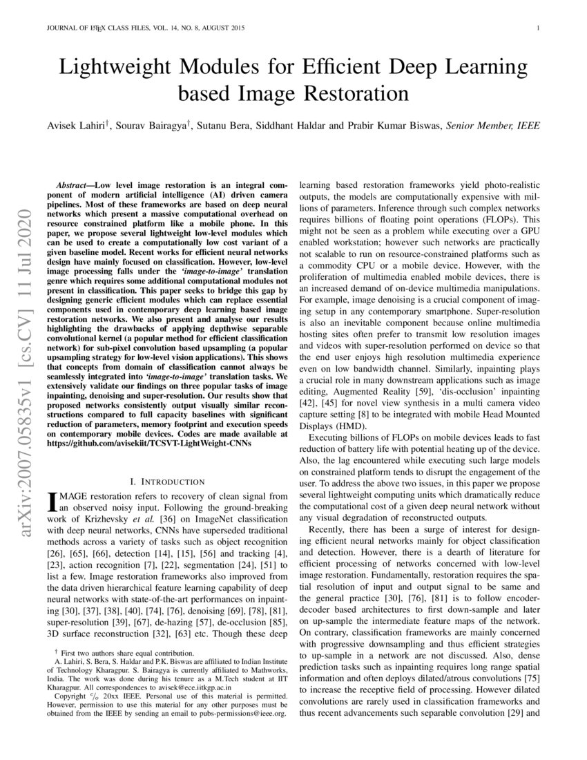Lightweight Modules for Efficient Deep Learning based Image Restoration ...