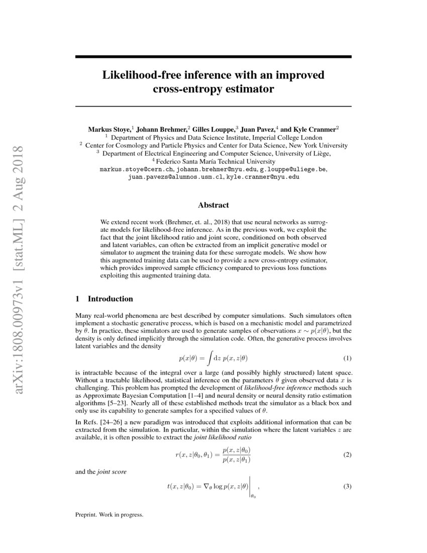 Likelihood Free Inference With An Improved Cross Entropy Estimator Deepai