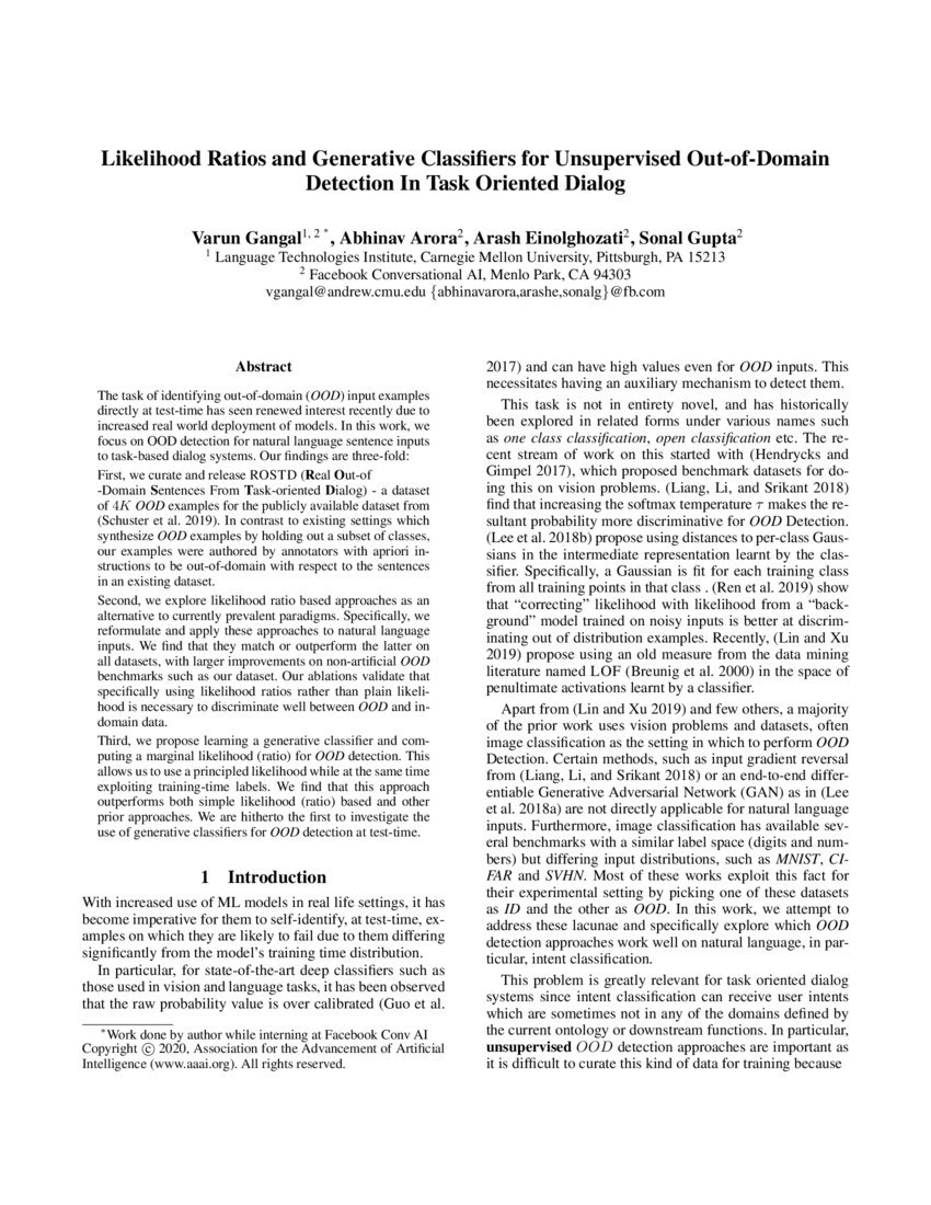 Likelihood Ratios and Generative Classifiers for Unsupervised Out-of-Domain Detection In Task ...