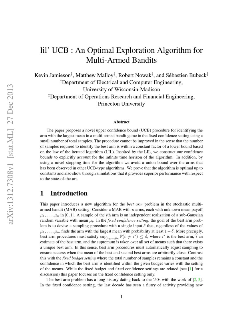 Lil Ucb An Optimal Exploration Algorithm For Multi Armed Bandits Deepai