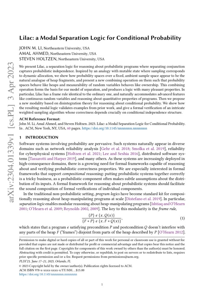 Lilac: A Modal Separation Logic for Conditional Probability | DeepAI