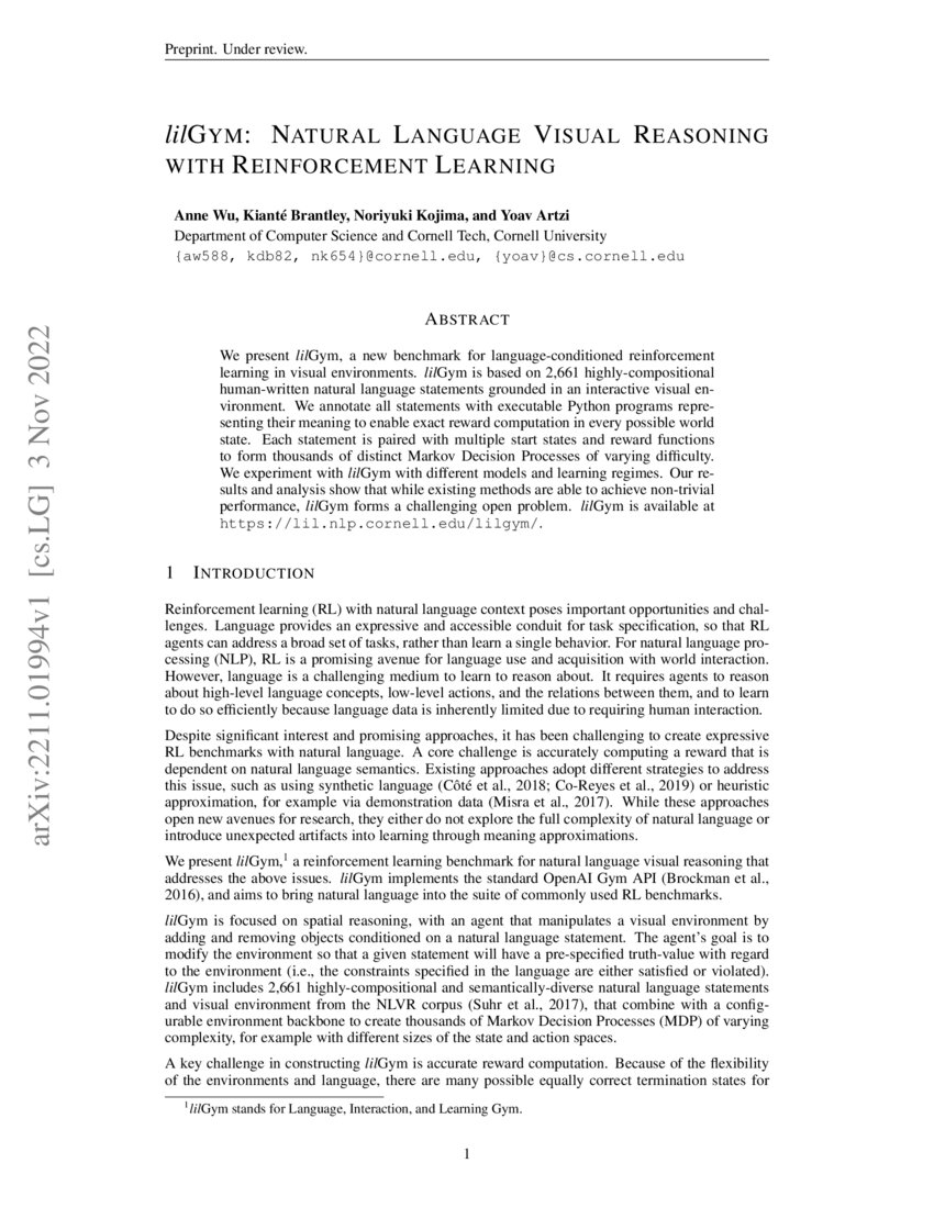 lilGym: Natural Language Visual Reasoning with Reinforcement Learning | DeepAI