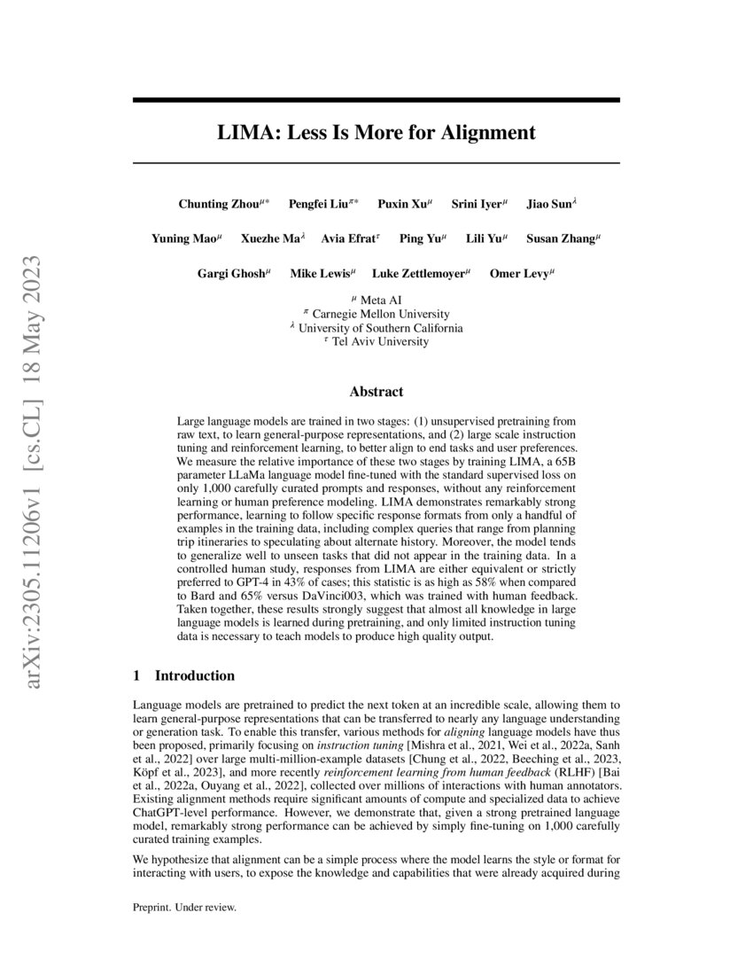 LIMA: Less Is More for Alignment | DeepAI
