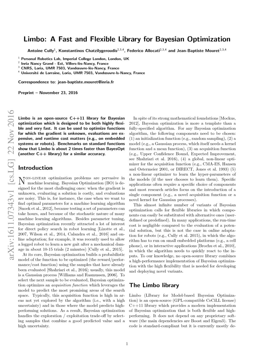 Limbo: A Fast and Flexible Library for Bayesian Optimization | DeepAI