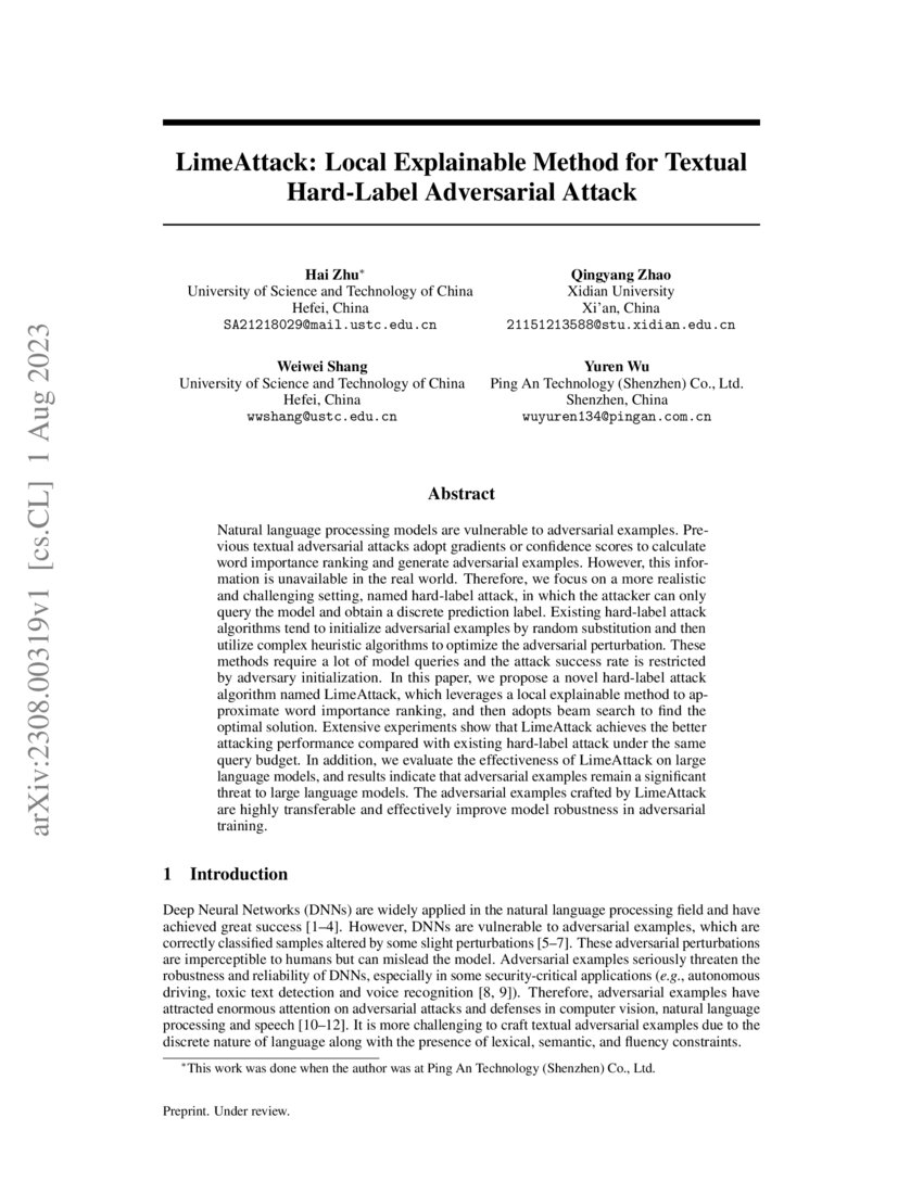 Limeattack Local Explainable Method For Textual Hard Label Adversarial Attack Deepai