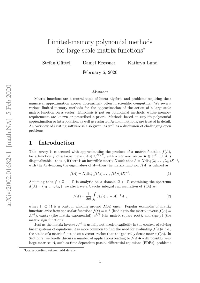 Limited-memory polynomial methods for large-scale matrix functions | DeepAI