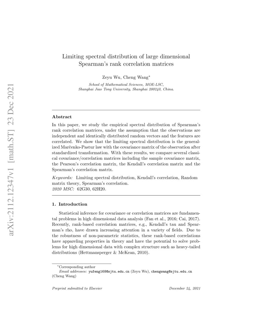 Limiting Spectral Distribution Of Large Dimensional Spearmans Rank Correlation Matrices Deepai
