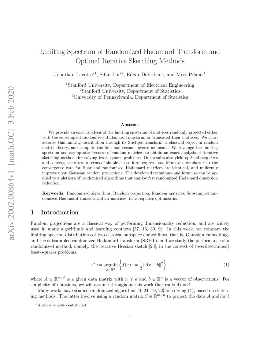 Limiting Spectrum Of Randomized Hadamard Transform And Optimal Iterative Sketching Methods Deepai