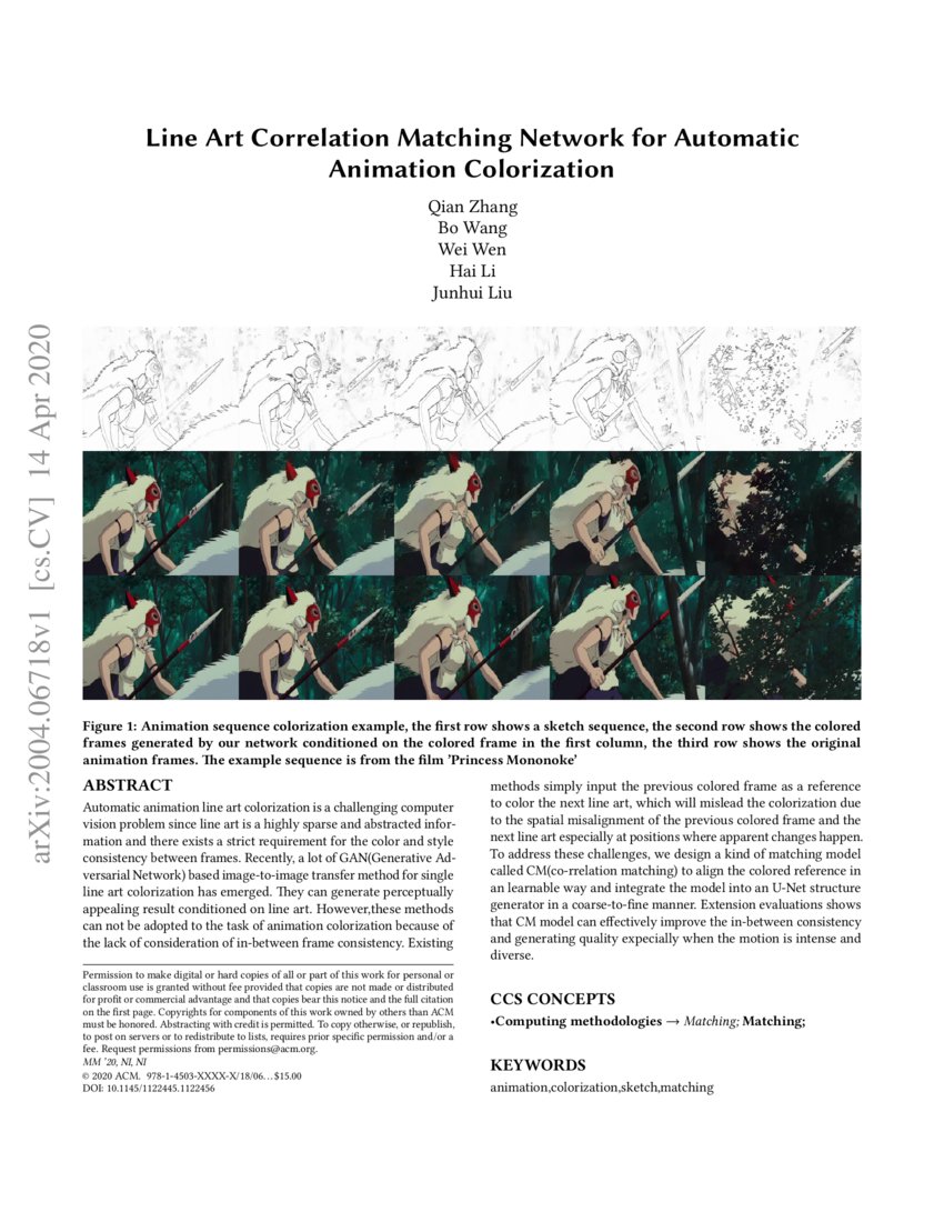 Line Art Correlation Matching Network for Automatic Animation Colorization | DeepAI