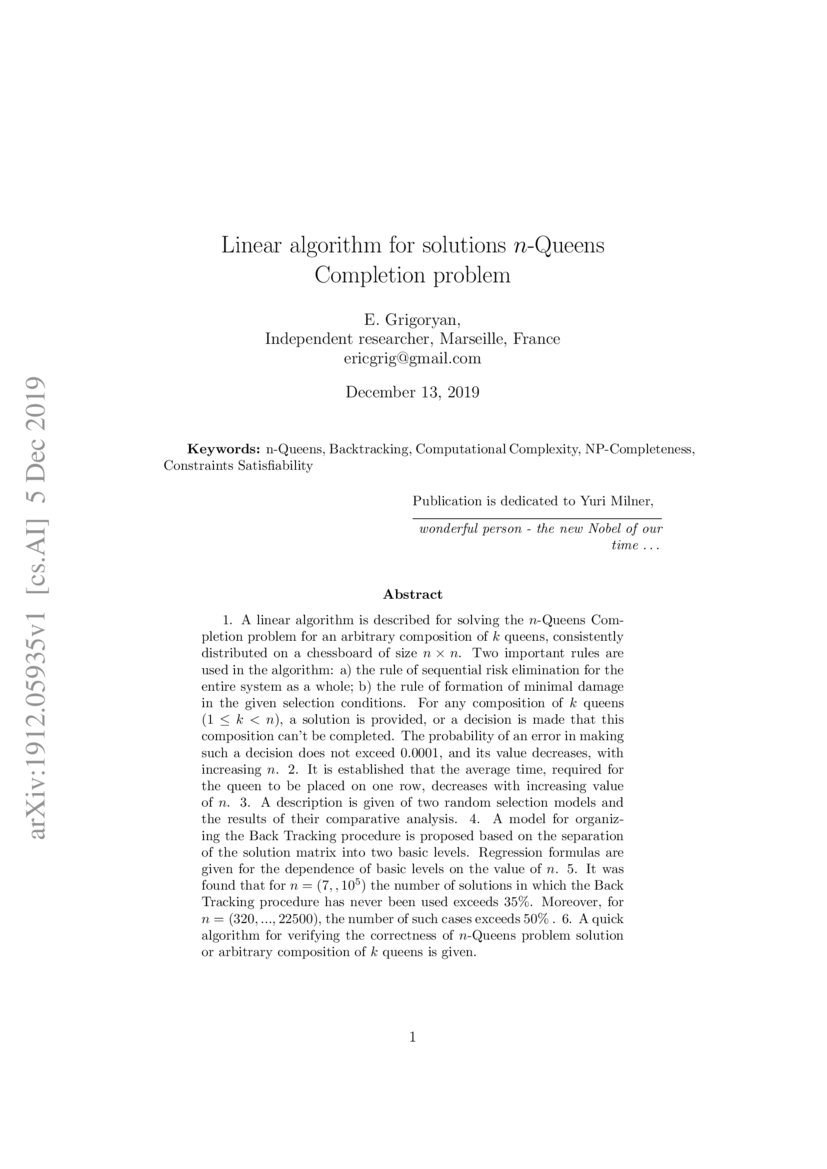 Linear Algorithm For Solutions N Queens Completion Problem Deepai