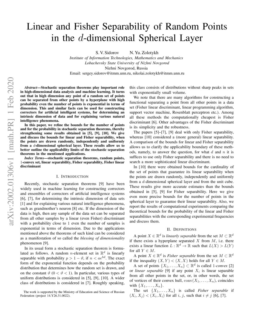 Linear and Fisher Separability of Random Points in the d-dimensional ...