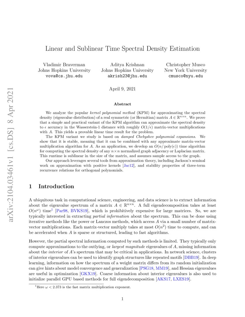 Linear And Sublinear Time Spectral Density Estimation Deepai