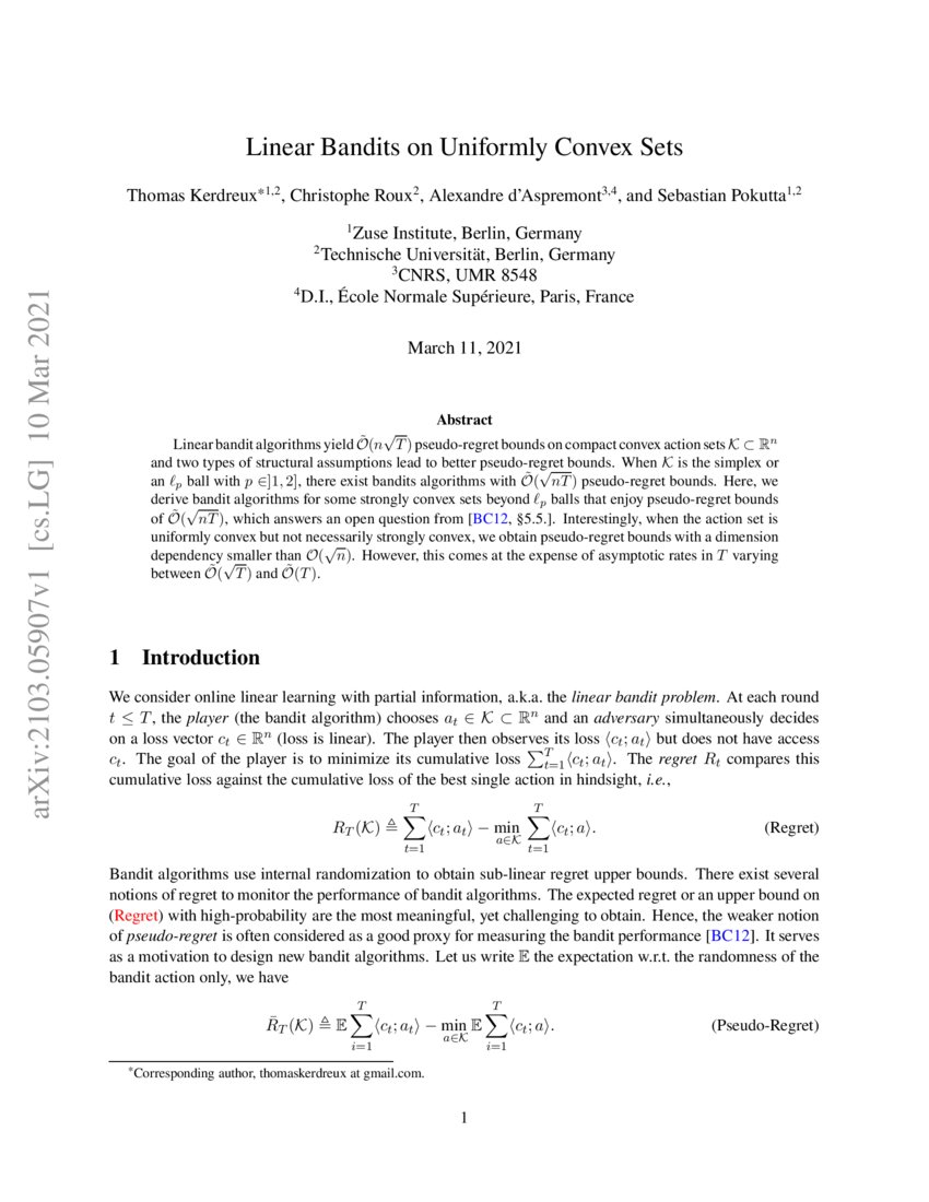 Linear Bandits on Uniformly Convex Sets | DeepAI