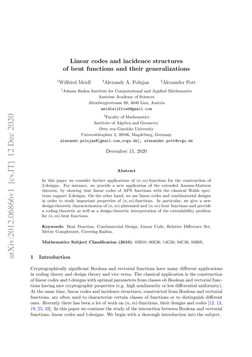 Linear codes and incidence structures of bent functions and their generalizations | DeepAI