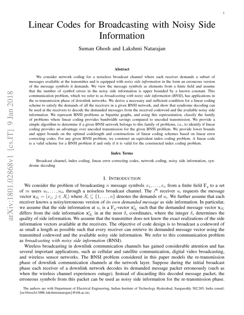 Linear Codes for Broadcasting with Noisy Side Information | DeepAI