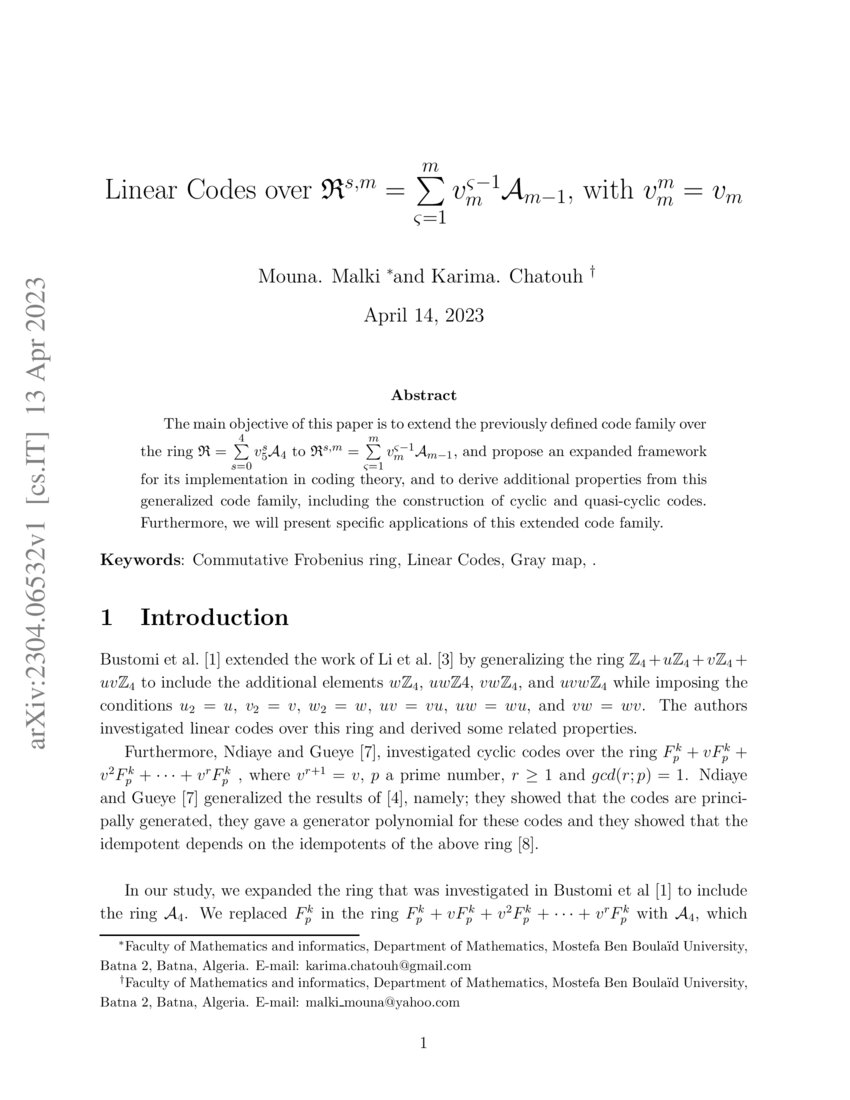 Linear Codes Over ℜ S M ∑ ς 1 M V M ς 1𝒜 M 1 With V M M V M Deepai