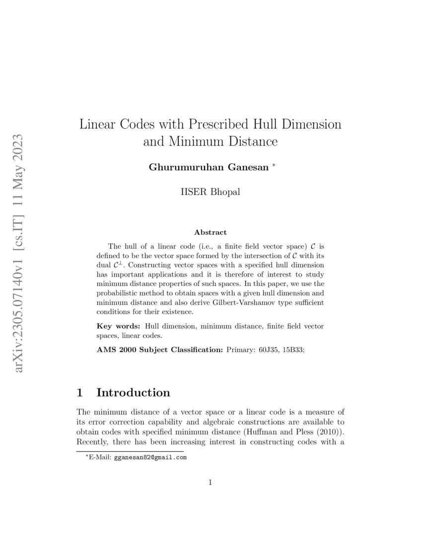 Linear Codes With Prescribed Hull Dimension And Minimum Distance Deepai