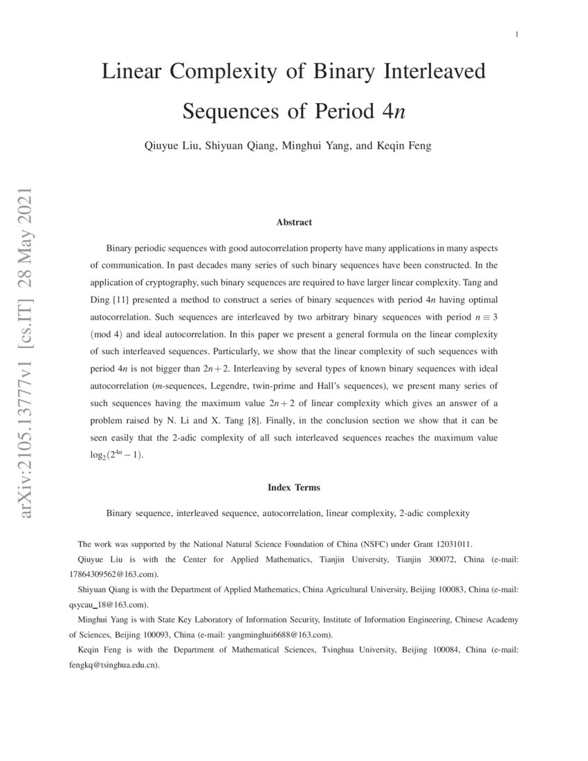 Linear Complexity Of Binary Interleaved Sequences Of Period 4n Deepai