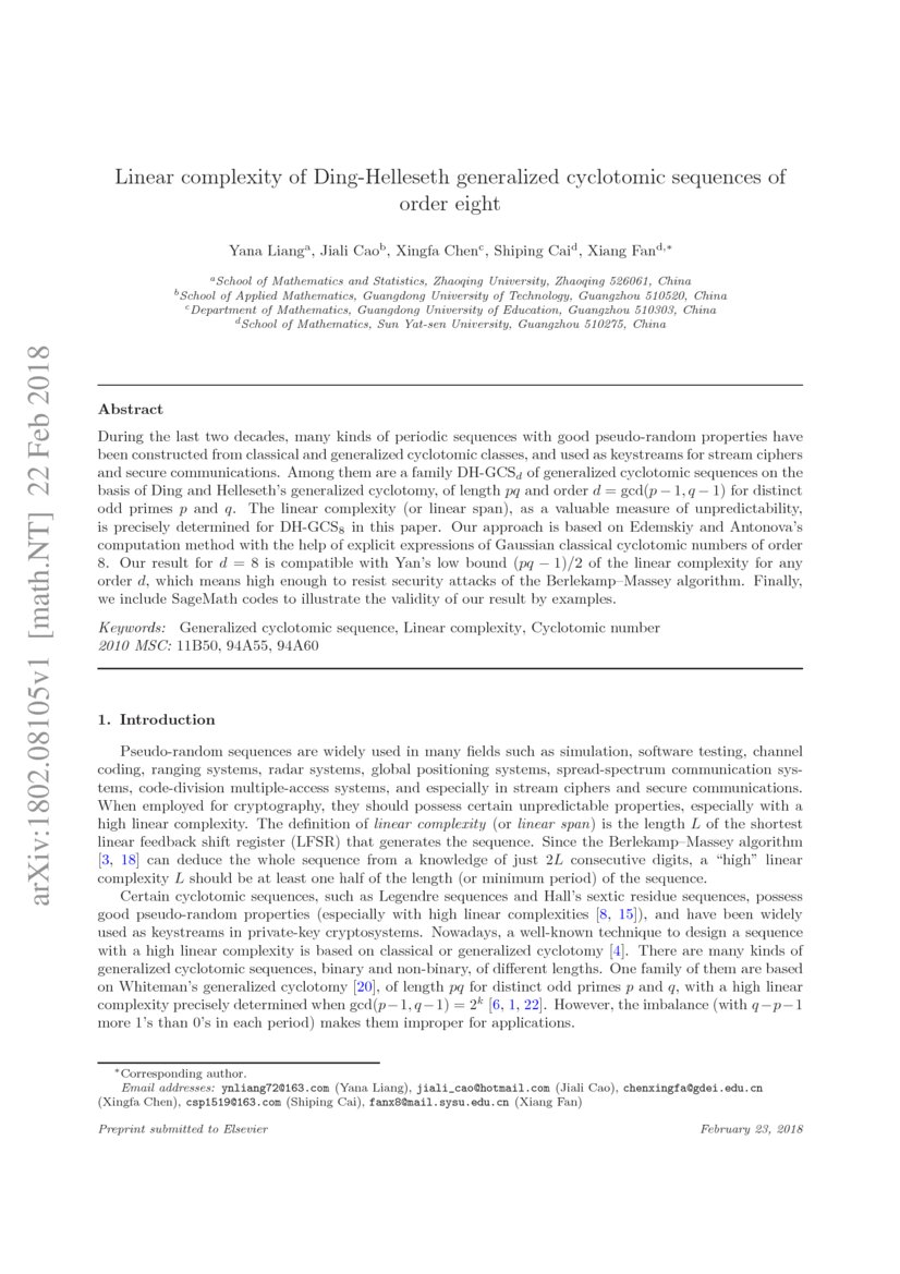 Linear Complexity Of Ding Helleseth Generalized Cyclotomic Sequences Of Order Eight Deepai