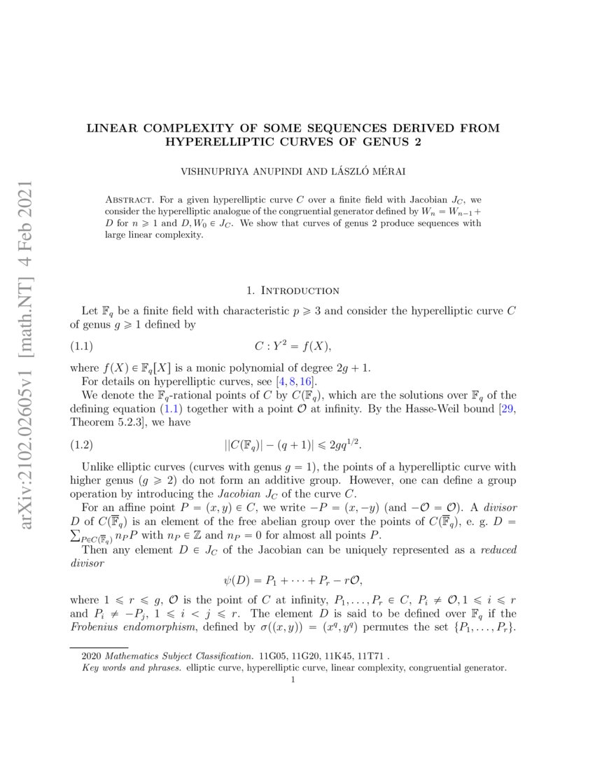 Linear Complexity Of Some Sequences Derived From Hyperelliptic Curves Of Genus 2 Deepai 