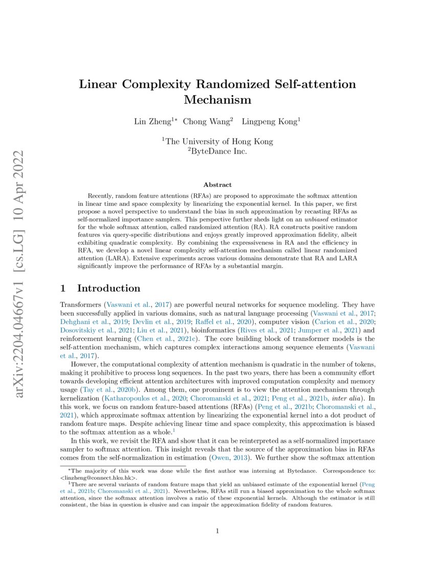 Linear Complexity Randomized Self-attention Mechanism | DeepAI