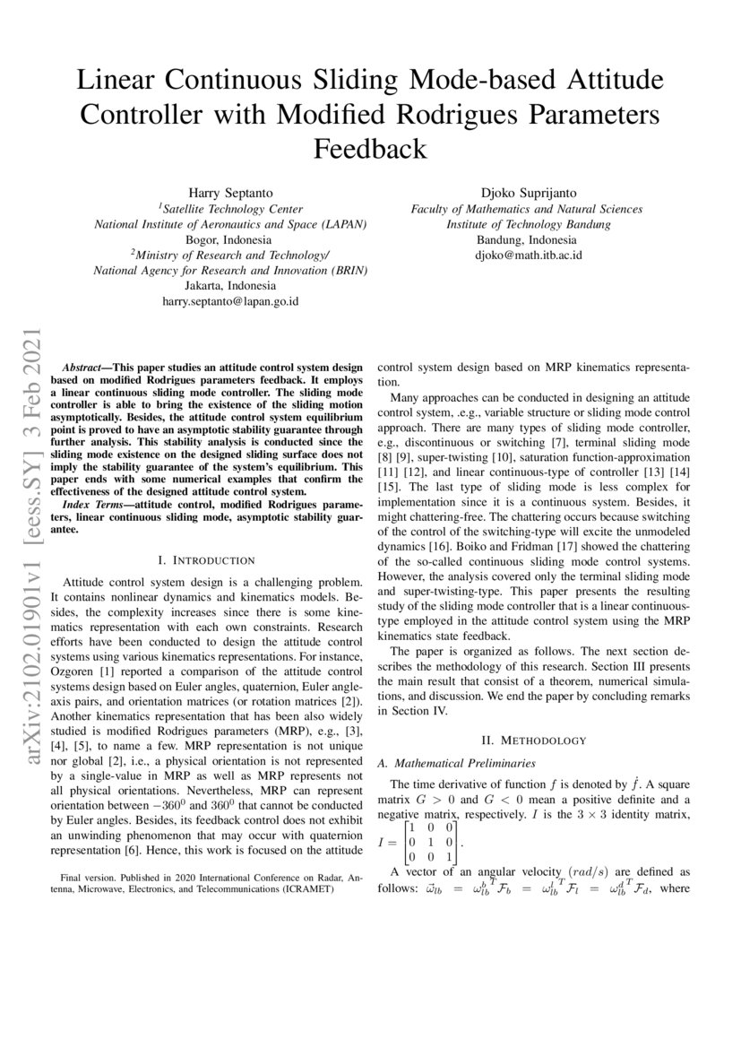 Linear Continuous Sliding Mode Based Attitude Controller With Modified Rodrigues Parameters 8292
