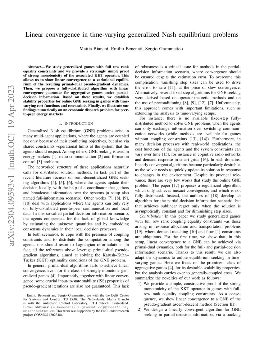 Linear Convergence In Time Varying Generalized Nash Equilibrium Problems Deepai 