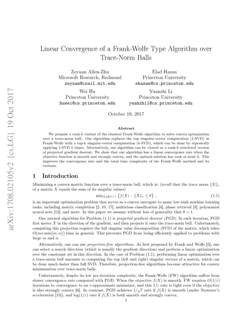 Linear Convergence Of A Frank Wolfe Type Algorithm Over Trace Norm Balls Deepai