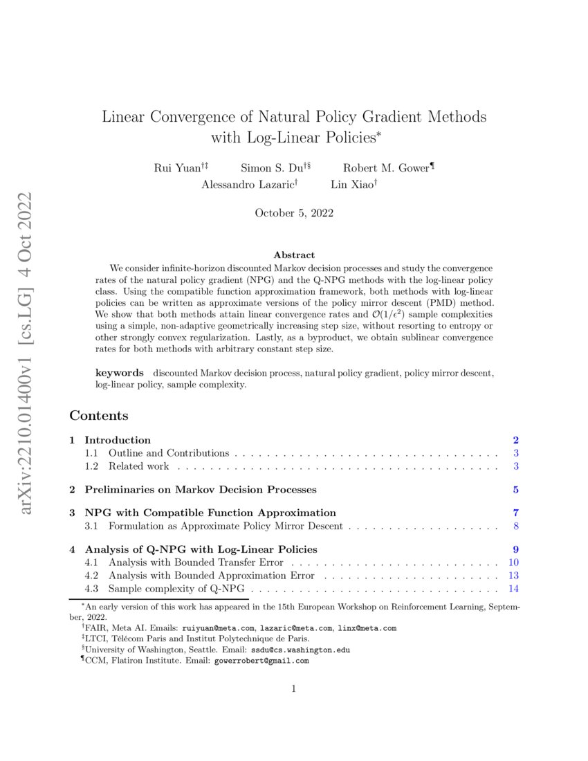 Linear Convergence of Natural Policy Gradient Methods with Log-Linear ... Linear Convergence of Natural Policy Gradient Methods with Log-Linear ...