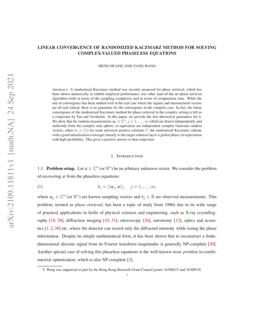 Linear convergence of randomized Kaczmarz method for solving complex-valued phaseless equations ...