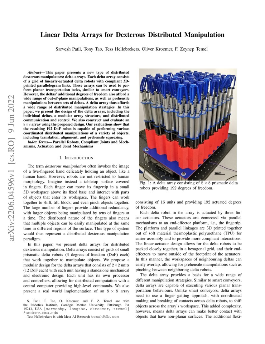 Linear Delta Arrays for Compliant Dexterous Distributed Manipulation | DeepAI