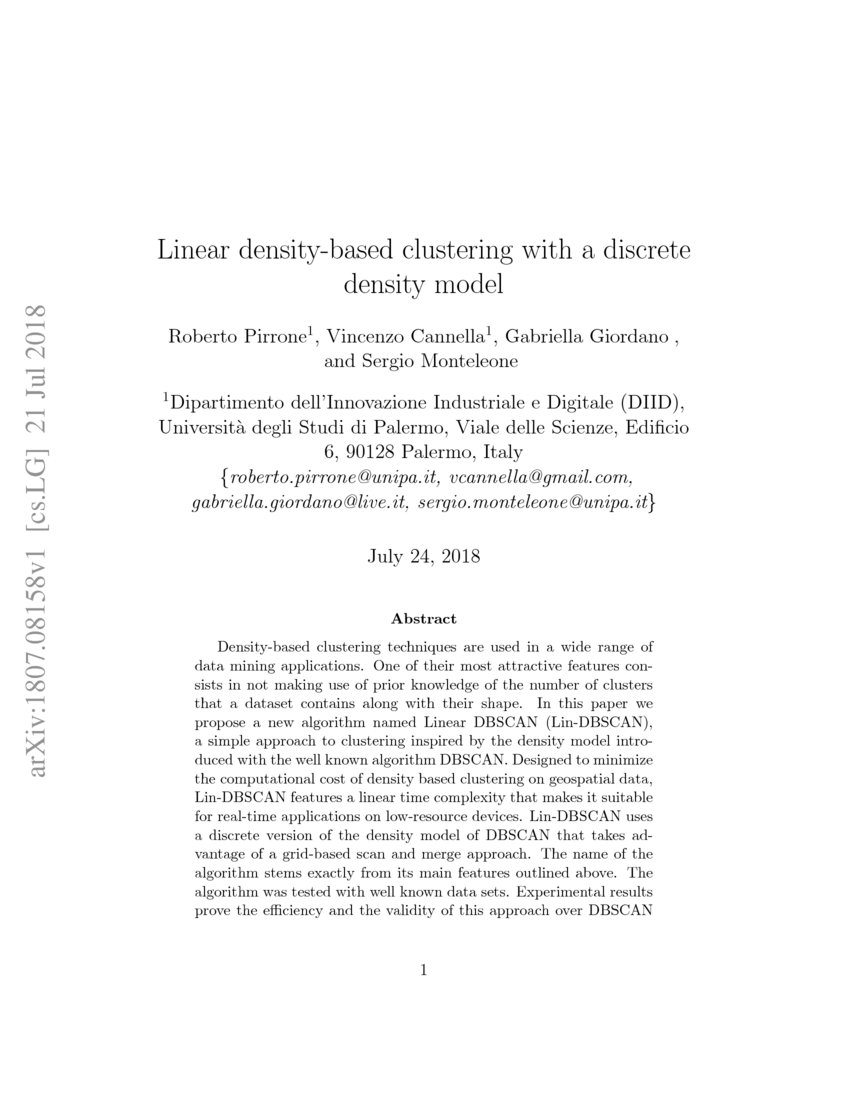Linear density-based clustering with a discrete density model | DeepAI