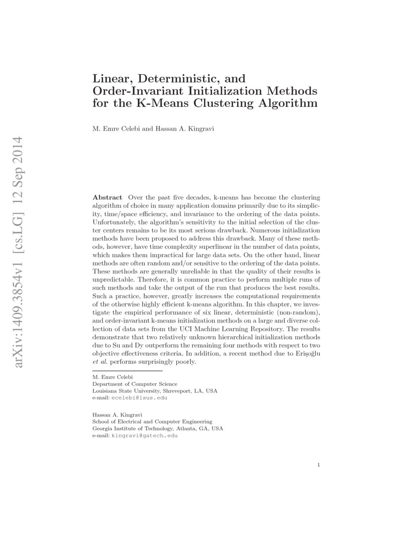 Linear Deterministic And Order Invariant Initialization Methods For The K Means Clustering
