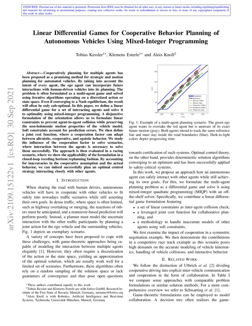 Linear Differential Games for Cooperative Behavior Planning of Autonomous Vehicles Using Mixed ...