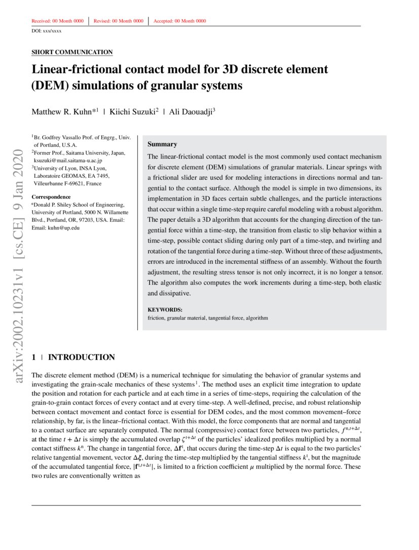 Linear Frictional Contact Model For 3d Discrete Element Simulations Of Granular Systems Deepai
