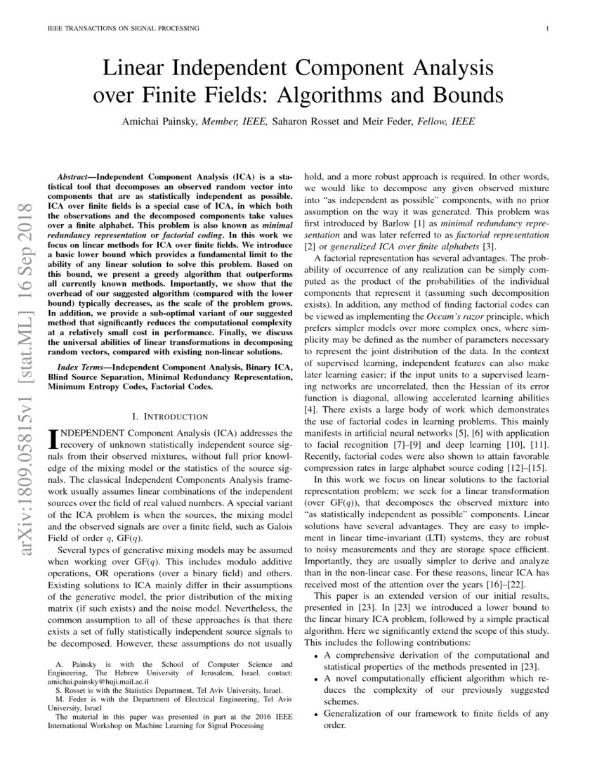 Linear Independent Component Analysis Over Finite Fields Algorithms