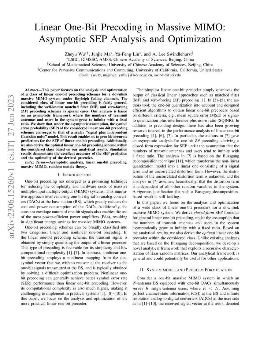 Linear One Bit Precoding In Massive Mimo Asymptotic Sep Analysis And