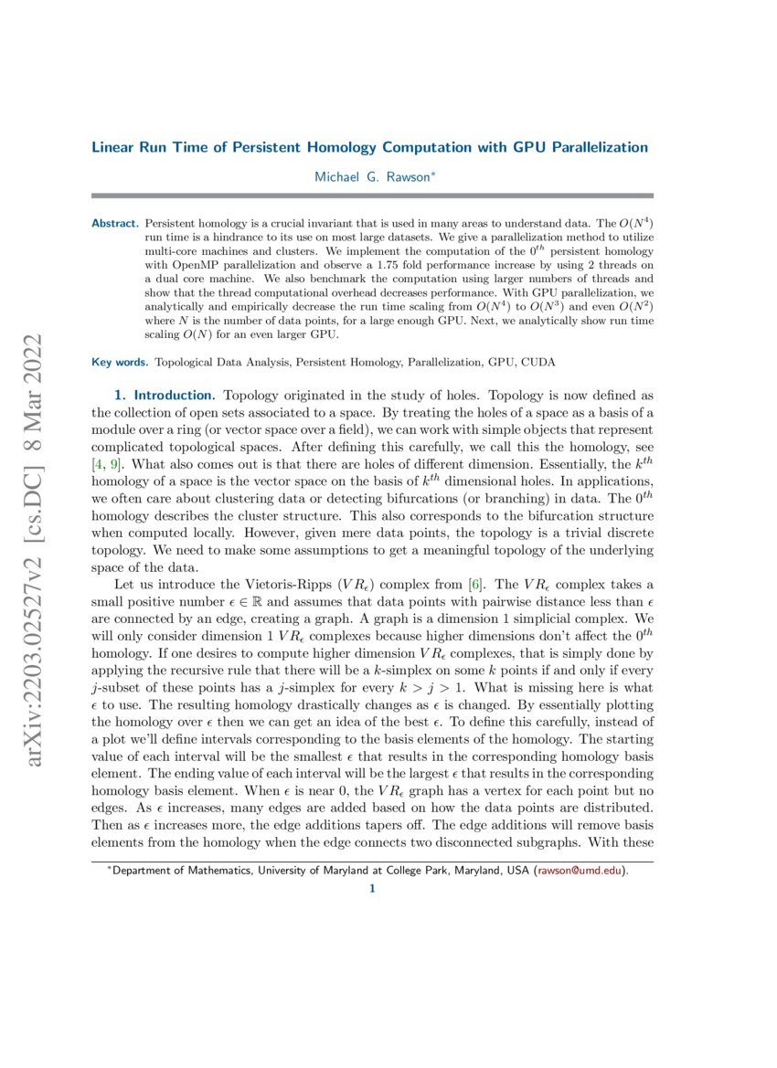 Linear Run Time Of Persistent Homology Computation With Gpu Parallelization Deepai