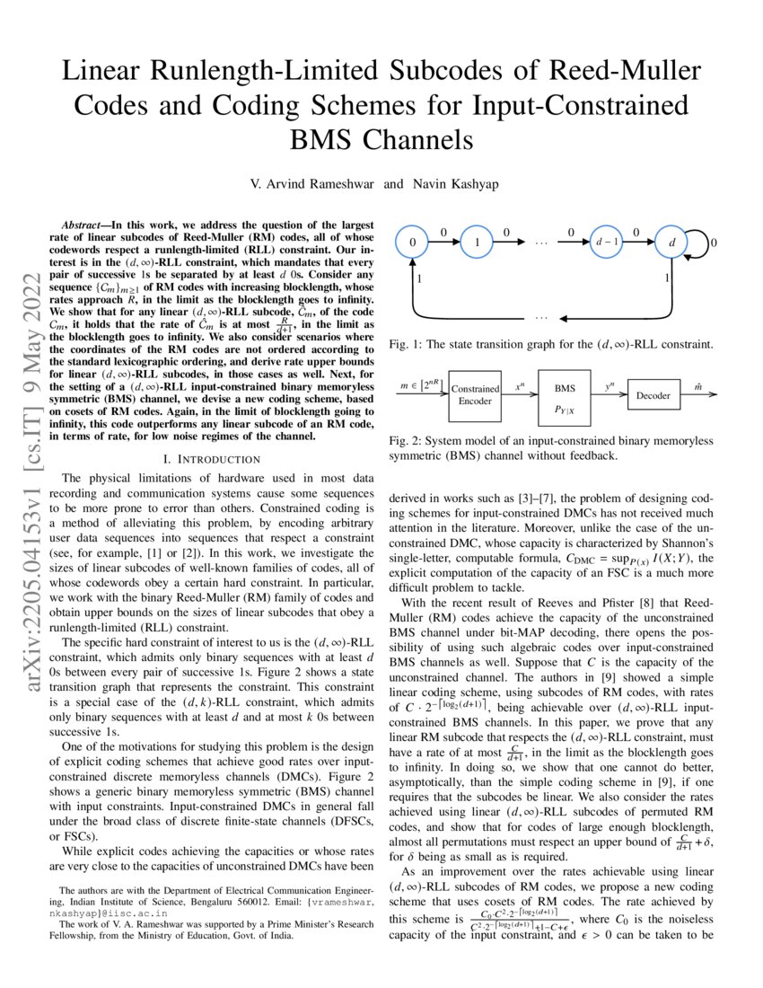 Linear Runlength Limited Subcodes Of Reed Muller Codes And Coding Schemes For Input Constrained