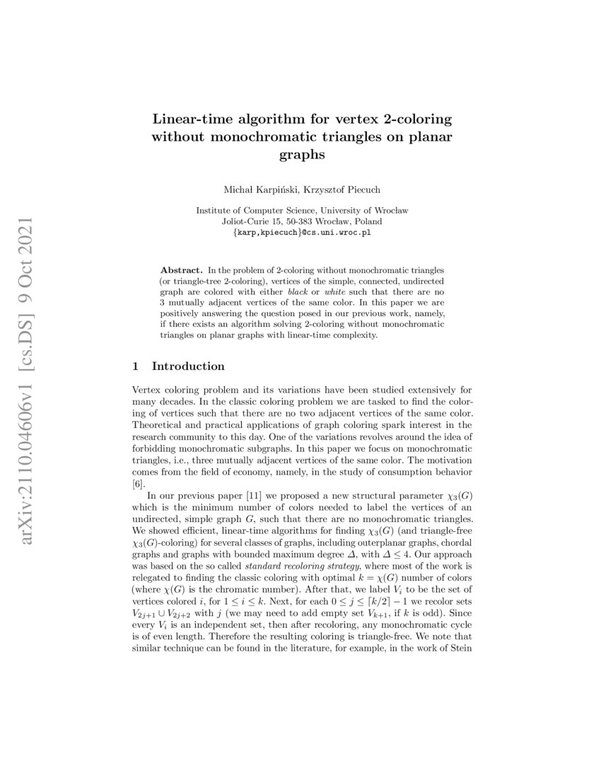 Linear Time Algorithm For Vertex 2 Coloring Without Monochromatic Triangles On Planar Graphs