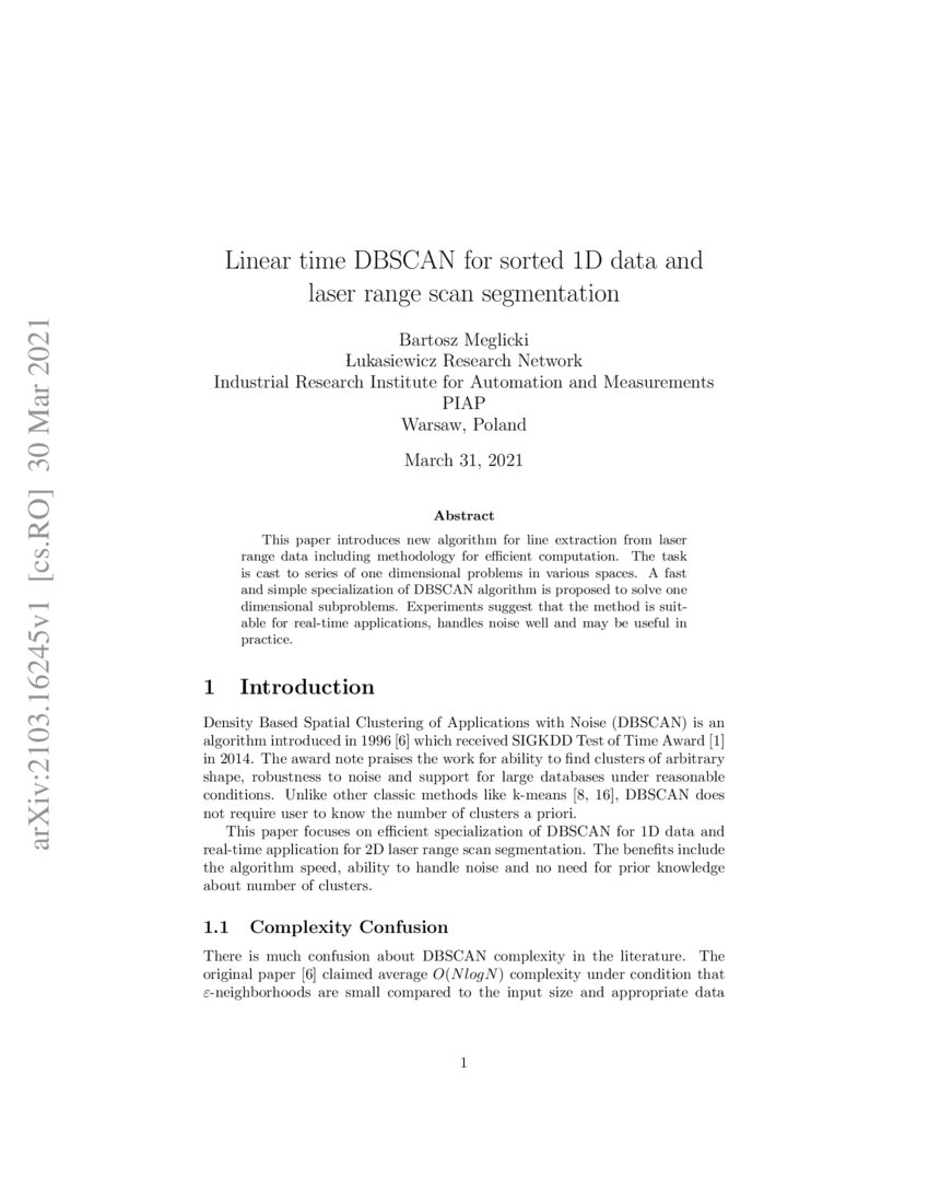 Linear Time Dbscan For Sorted 1d Data And Laser Range Scan Segmentation Deepai