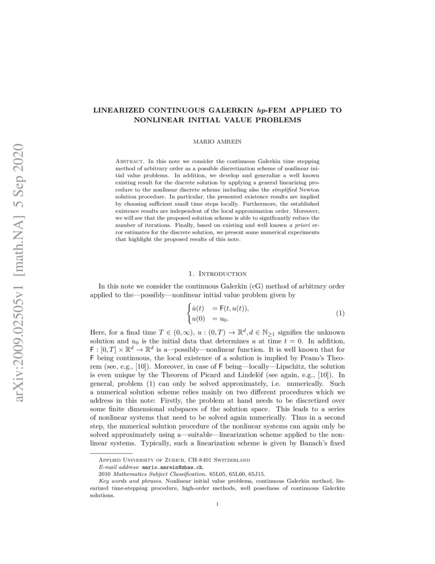 Linearized Continuous Galerkin Hp Fem Applied To Nonlinear Initial Value Problems Deepai