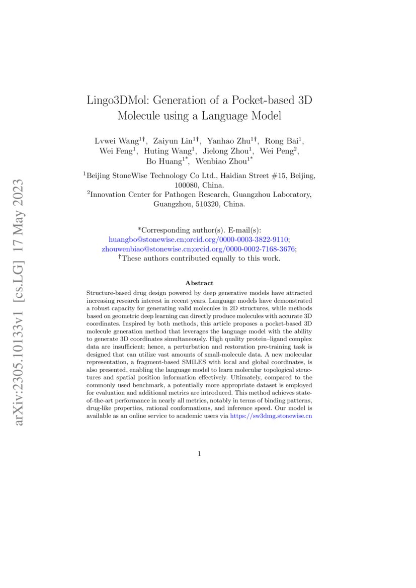 Lingo3dmol Generation Of A Pocket Based 3d Molecule Using A Language